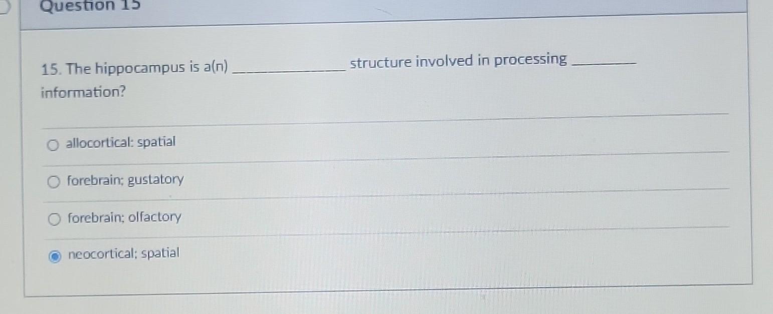Solved 15. The hippocampus is a(n) structure involved in | Chegg.com