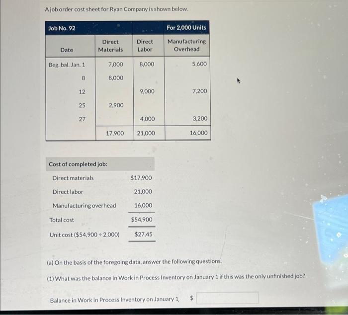 Solved A job order cost sheet for Ryan Company is shown | Chegg.com