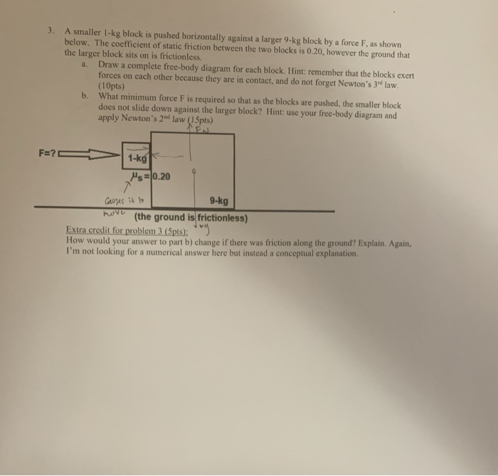 Solved a. 3. A smaller 1-kg block is pushed horizontally | Chegg.com