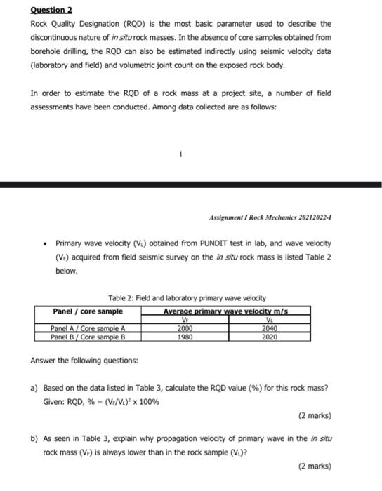 Solved Question 2 Rock Quality Designation (ROD) is the most | Chegg.com