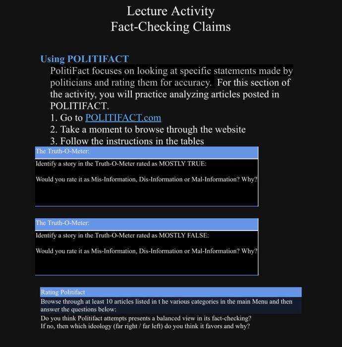 Lecture Activity Fact-Checking Claims Using | Chegg.com