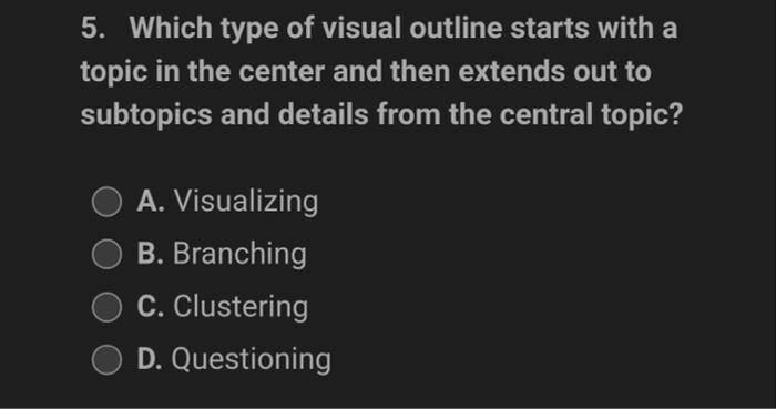Solved 5. Which type of visual outline starts with a topic | Chegg.com