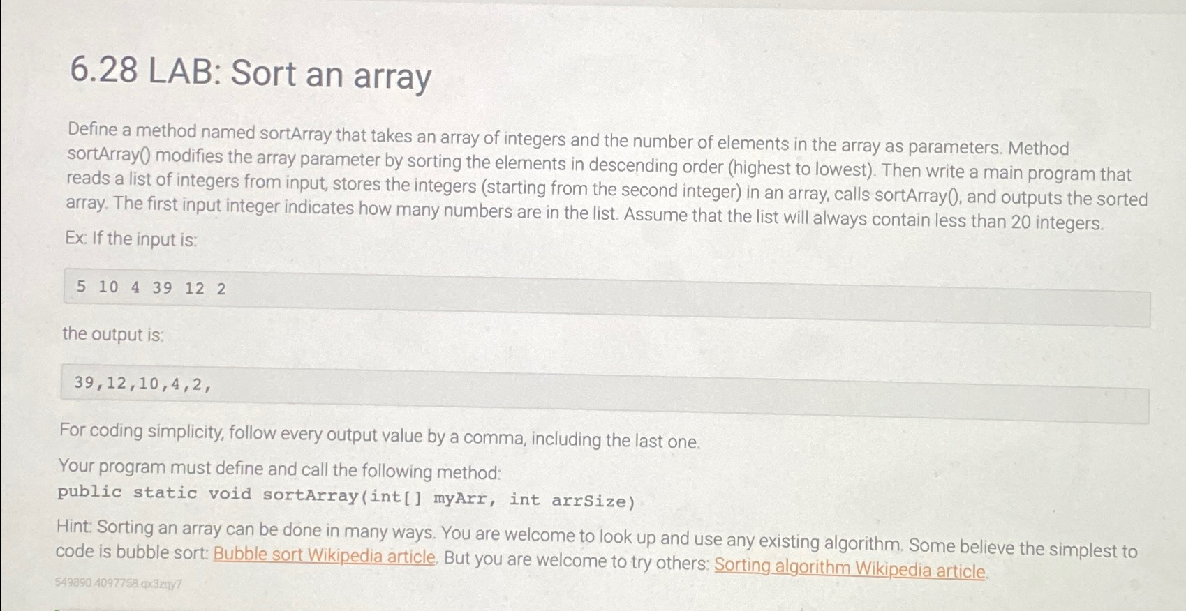 Solved 628 ﻿lab Sort An Arrayusing Java Define A Method 