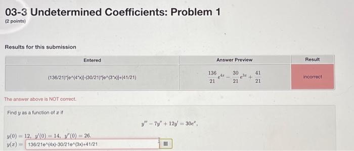 Solved 03-3 Undetermined Coefficients: Problem 1 (2 points) | Chegg.com