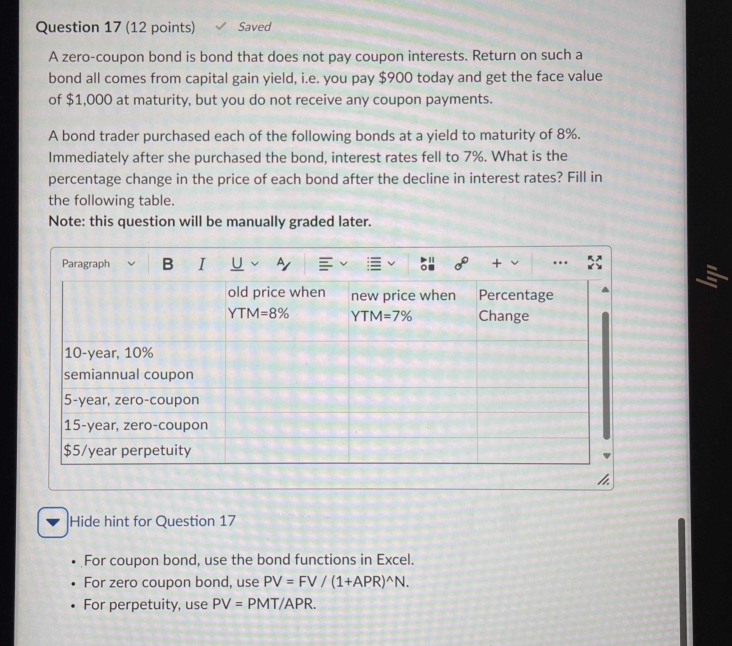 Solved Question 17 (12 ﻿points) ﻿SavedA zero-coupon bond is | Chegg.com