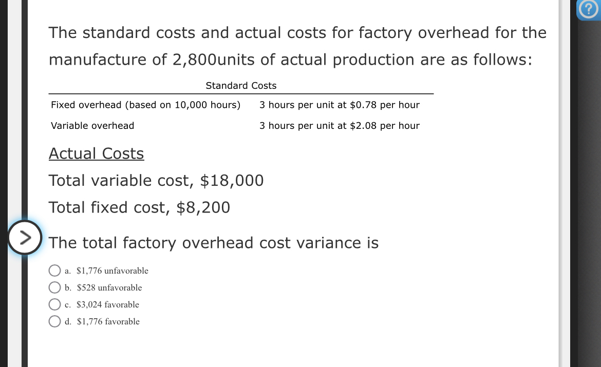 Solved The standard costs and actual costs for factory | Chegg.com