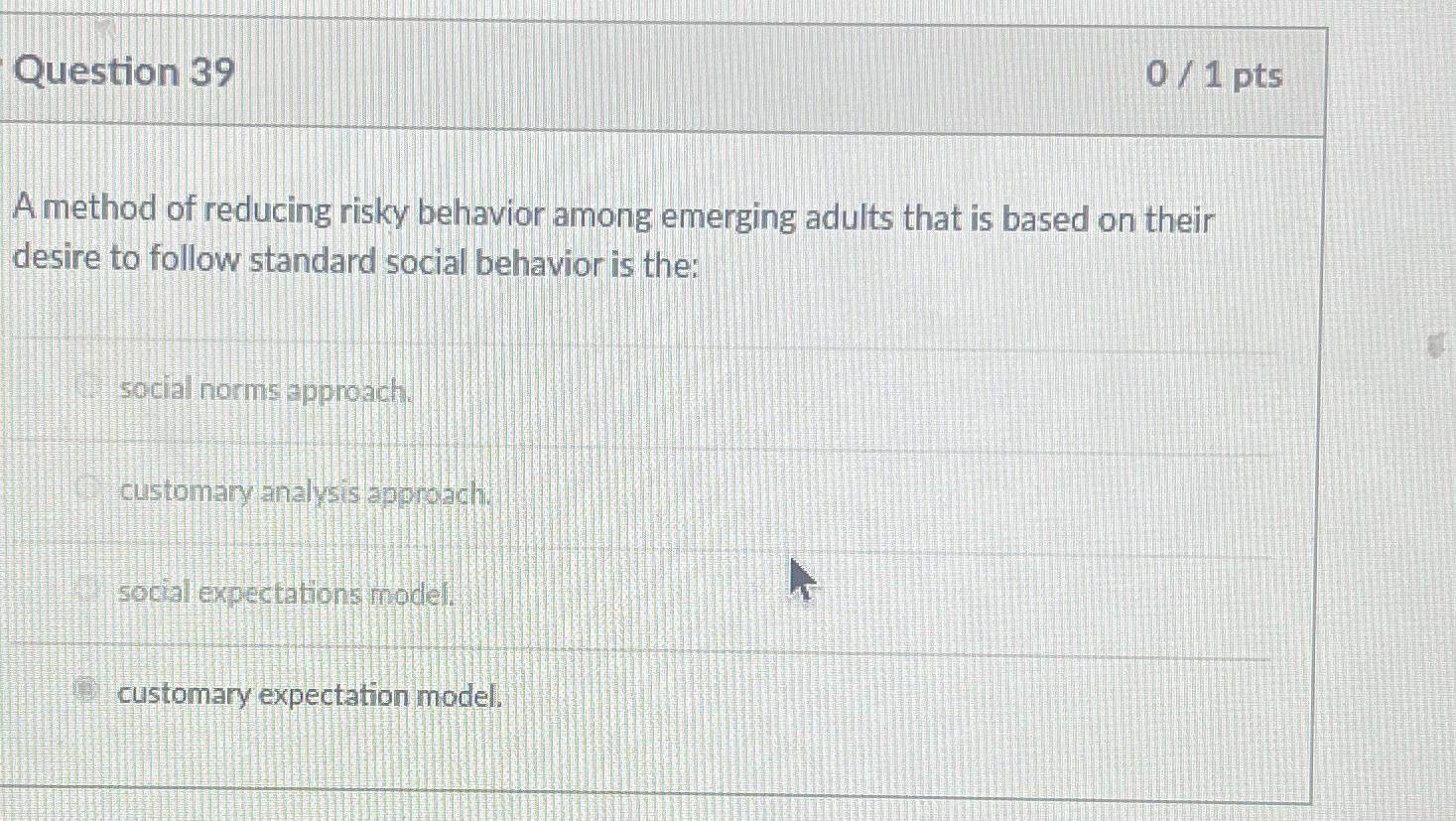 Solved Question 3901 ﻿ptsA method of reducing risky behavior | Chegg.com