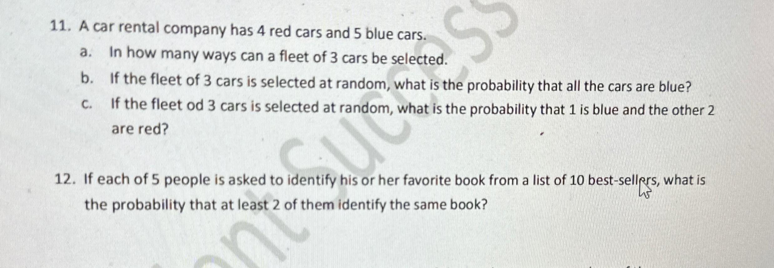 Solved A car rental company has 4 ﻿red cars and 5 ﻿blue | Chegg.com