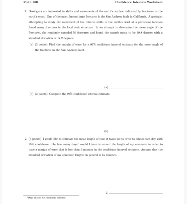 Solved Math 200 Confidence Intervals Worksheet 1. Geologists | Chegg.com
