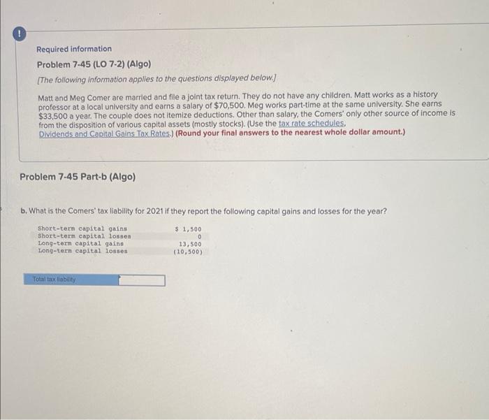 Solved Required information Problem 7-45 (LO 7-2) (Algo) | Chegg.com