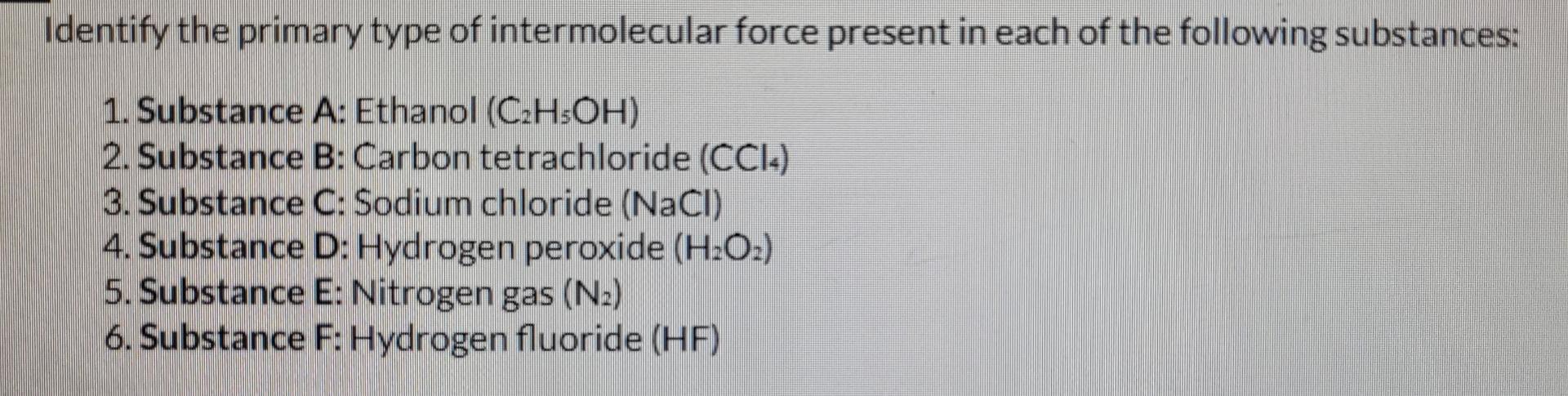 Solved Identify the primary type of intermolecular force | Chegg.com