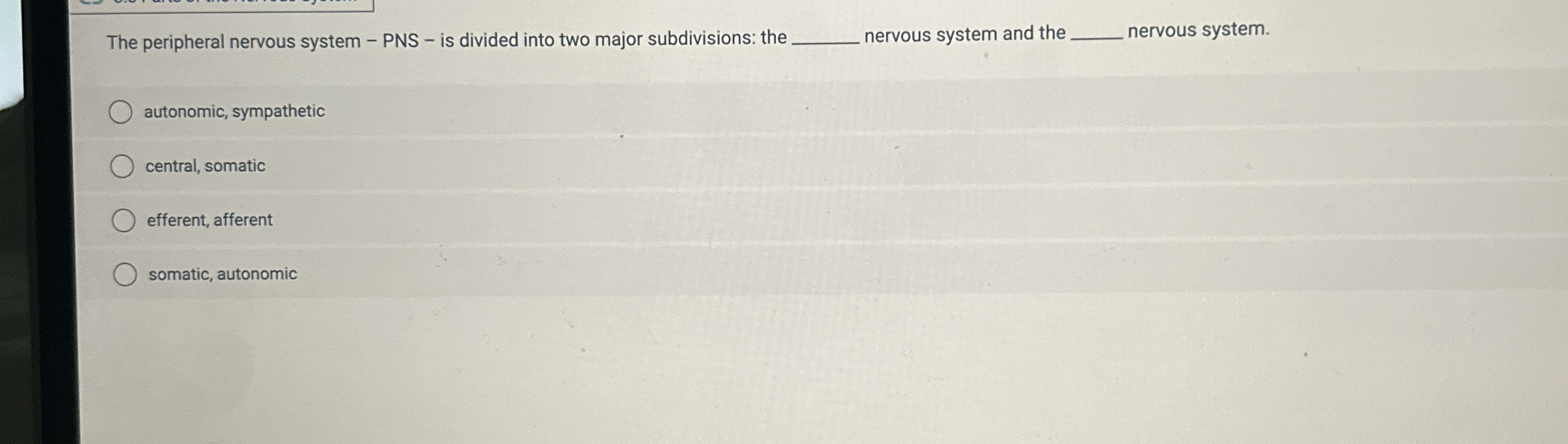Solved The peripheral nervous system - ﻿PNS - ﻿is divided | Chegg.com