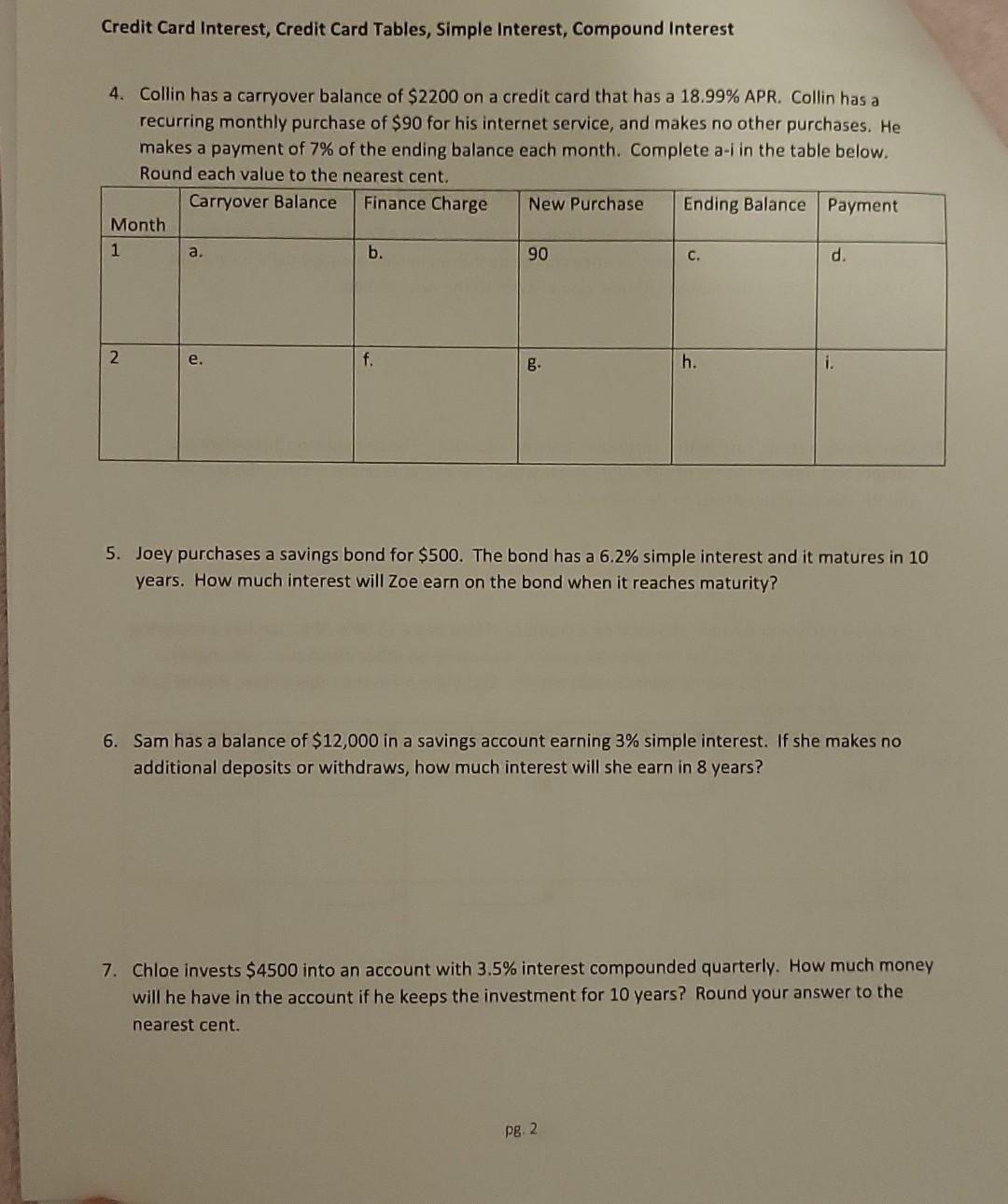 Solved Credit Card Interest, Credit Card Tables, Simple | Chegg.com