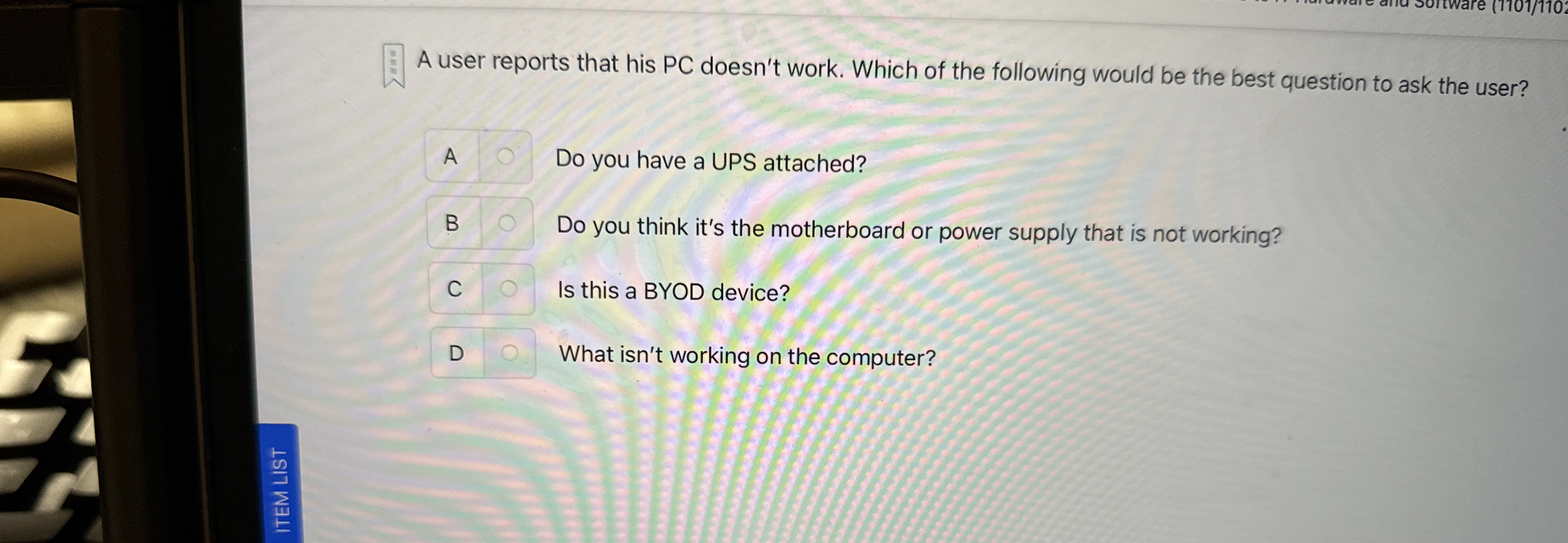 Solved A user reports that his PC doesn't work. Which of the | Chegg.com