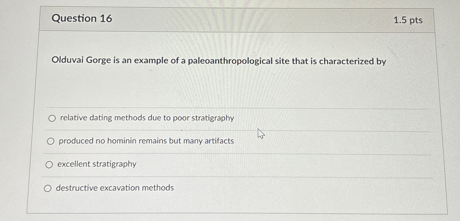 Solved Question 161.5ptsOlduvai Gorge is an example of a | Chegg.com