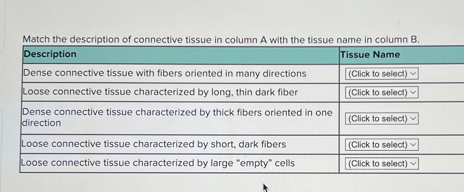 Solved Match the description of connective tissue in column | Chegg.com