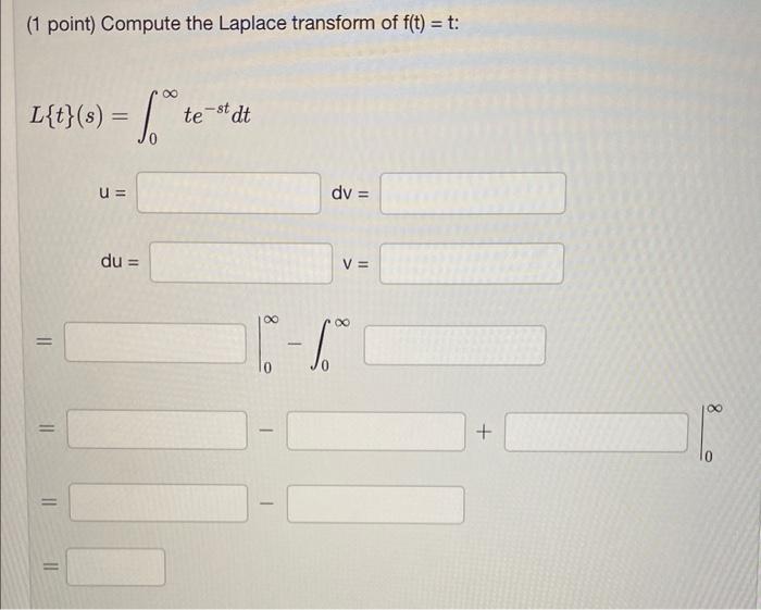 Solved (1 point) Compute the Laplace transform of f(t)=t : | Chegg.com
