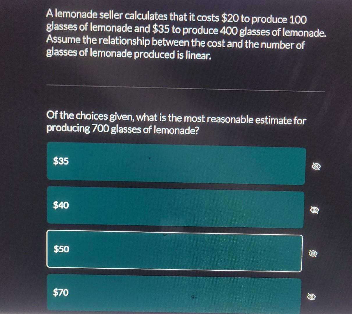 Solved A lemonade seller calculates that it costs $20 to | Chegg.com