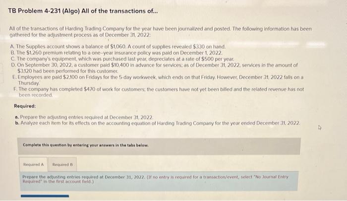 Solved TB Problem 4-231 (Algo) All of the transactions of... | Chegg.com
