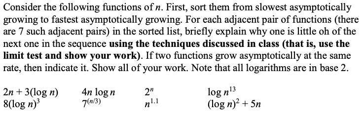 Solved Consider the following functions of n. ﻿First, sort | Chegg.com