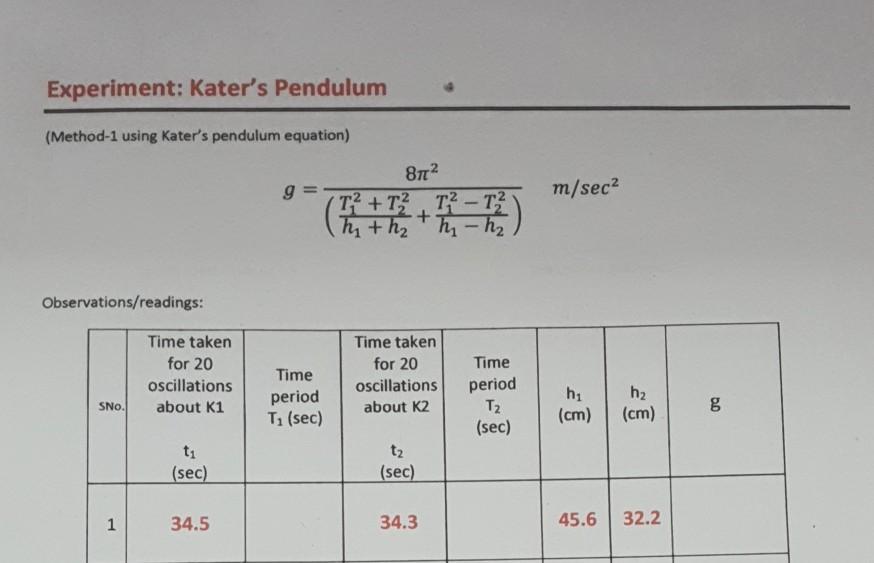 Solved Experiment: Kater's Pendulum (Method-1 using Kater's | Chegg.com