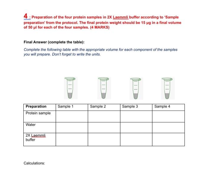 Solved 4 : Preparation of the four protein samples in 2X | Chegg.com