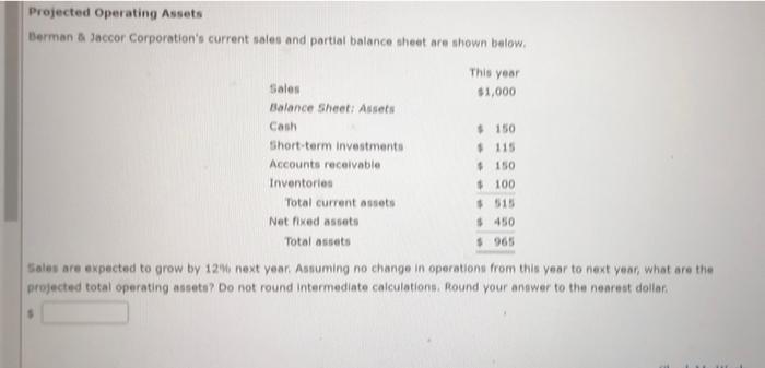 Solved Projected Operating Assets Berman & Jaccor | Chegg.com