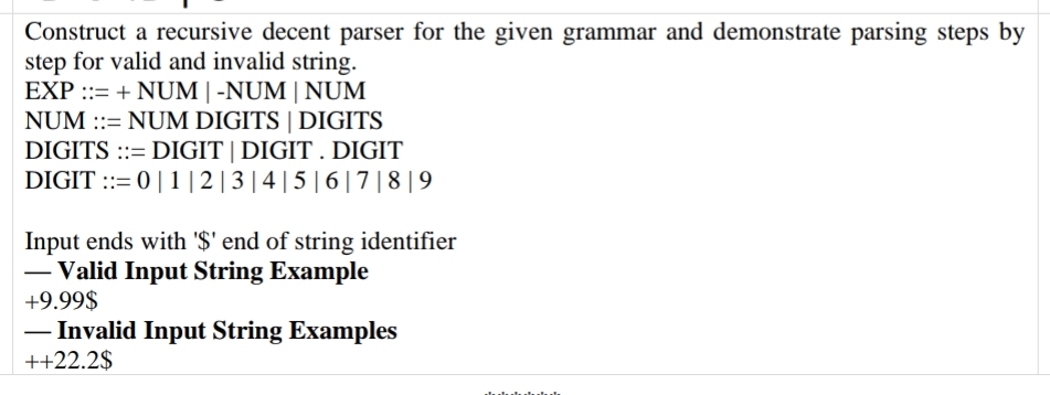 Solved Construct a recursive decent parser for the given | Chegg.com