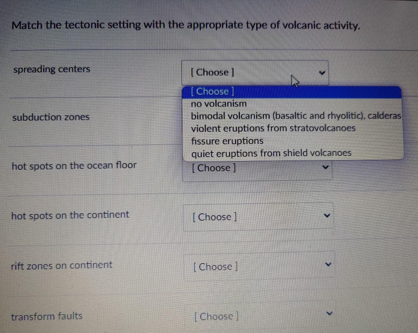 Match the tectonic setting with the appropriate type | Chegg.com