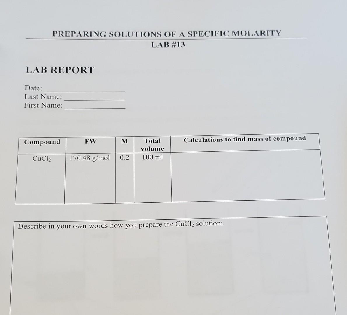 Solved PREPARING SOLUTIONS OF A SPECIFIC MOLARITY LAB | Chegg.com