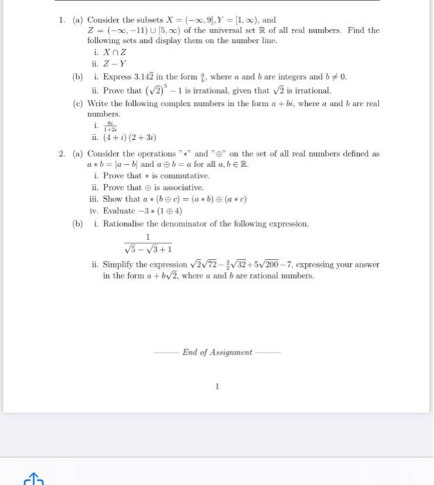 Solved 1. (a) Consider the subsets X=(−∞,9],Y=[1,∞), and | Chegg.com