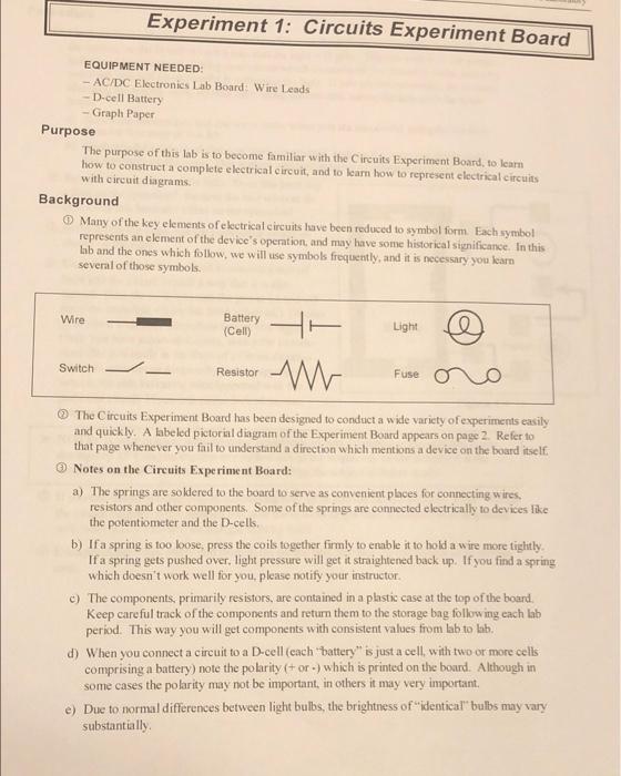 Solved Experiment 1: Circuits Experiment Board EQUIPMENT | Chegg.com