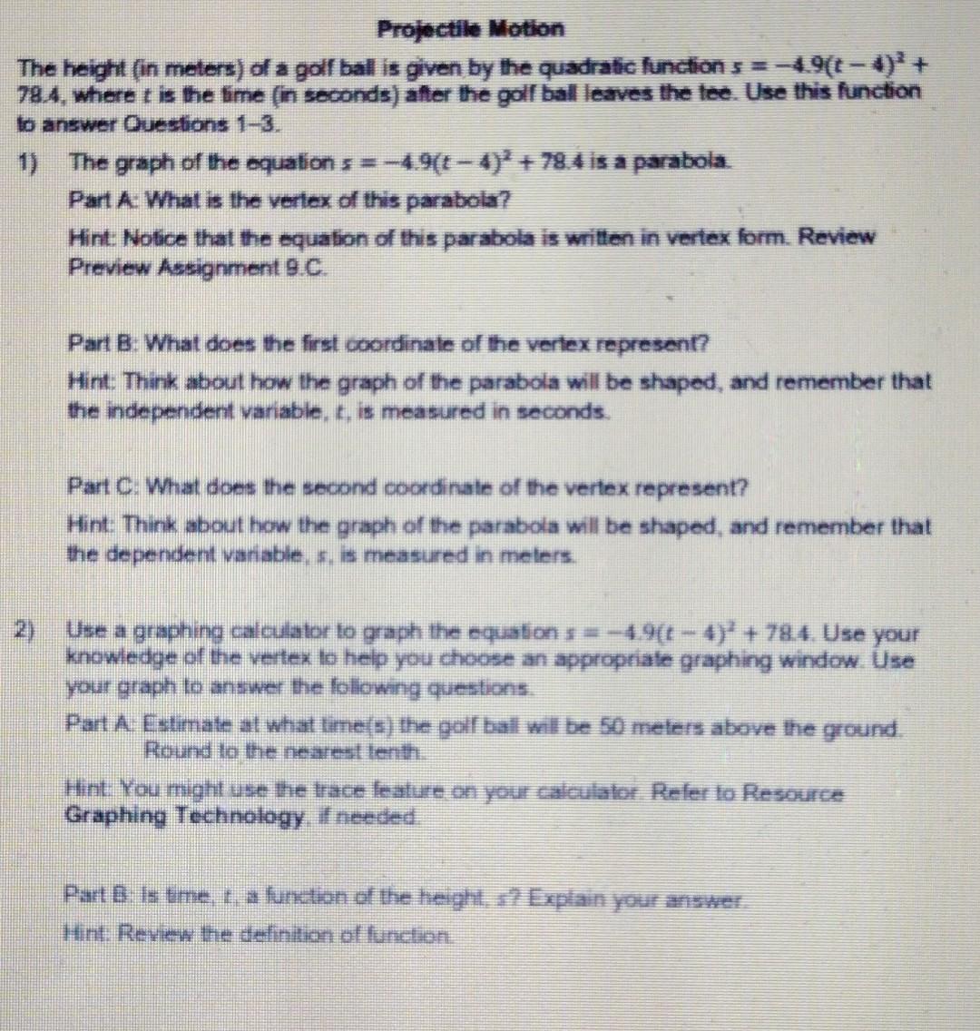 Projectile Motion te height (in meters) of a golf | Chegg.com