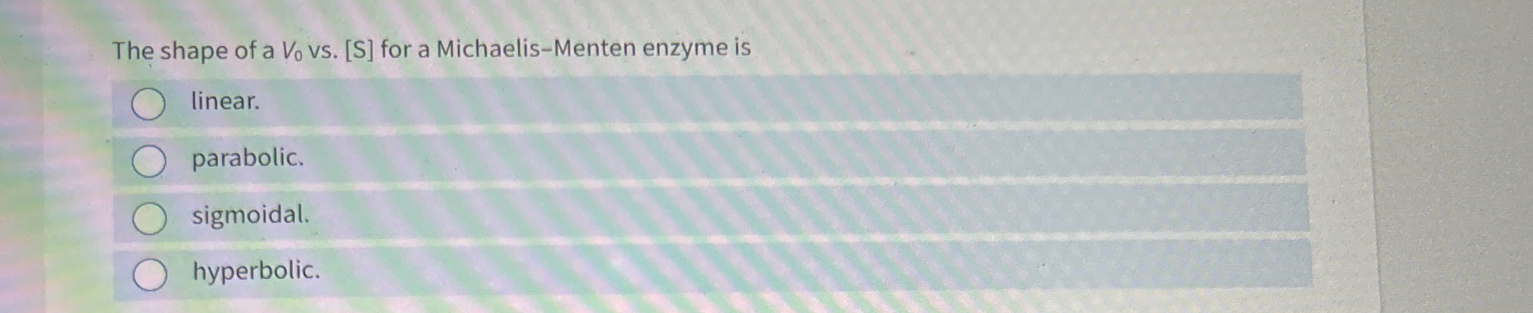 Solved The shape of a V0 ﻿vs. [S] ﻿for a Michaelis-Menten | Chegg.com