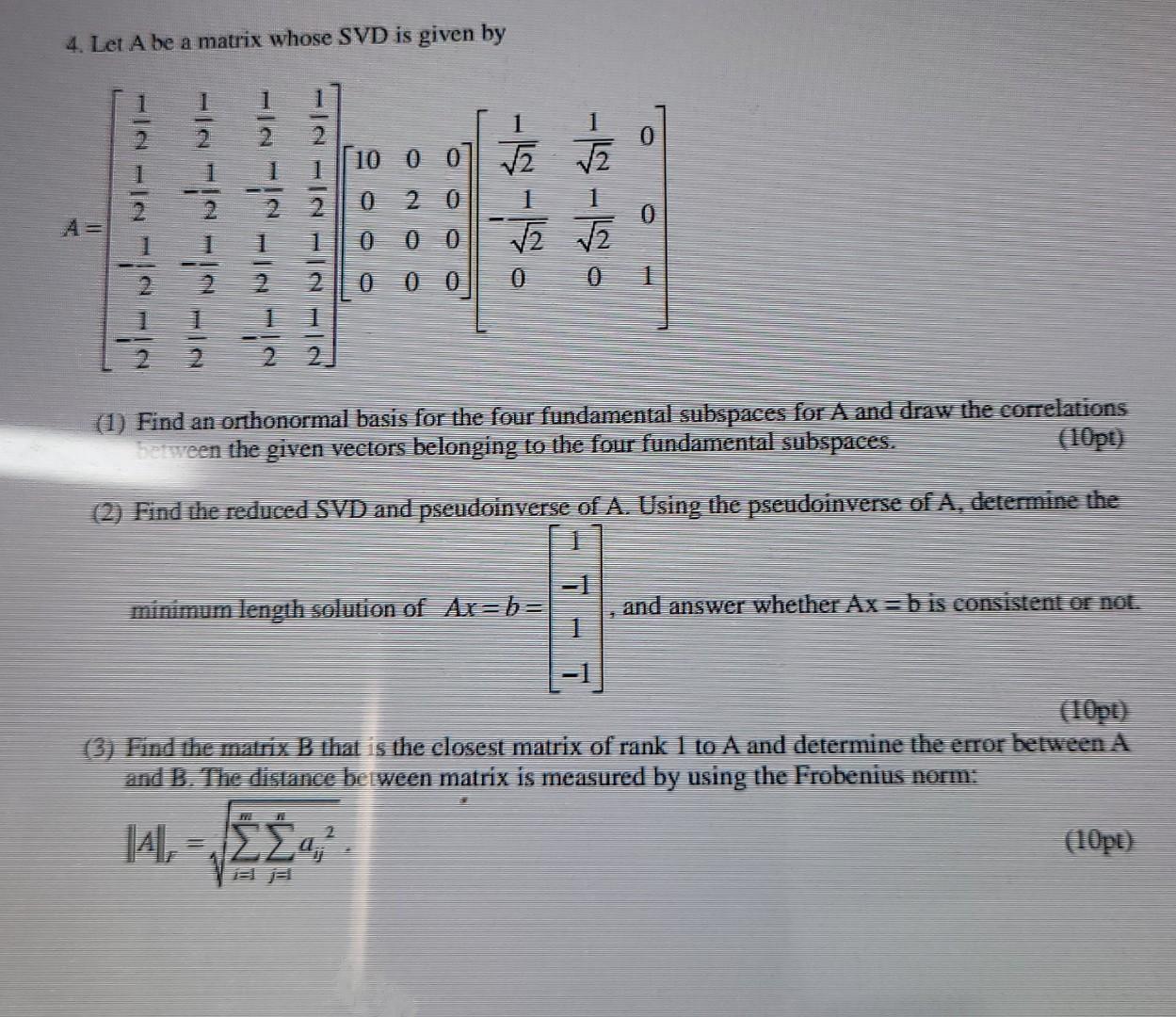 Solved 4. Let A be a matrix whose SVD is given by 10 00 20 | Chegg.com