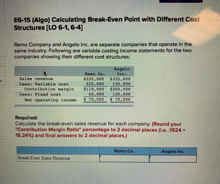 Solved E6-15 (Algo) Calculating Break-Even Point with | Chegg.com