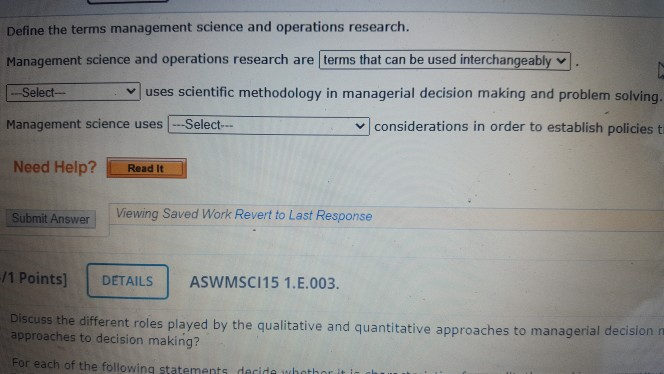 Define the terms management science and operations | Chegg.com