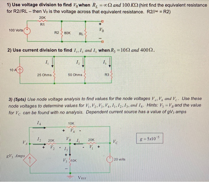 Solved 1) Use voltage division to find V, when R, = .012 and | Chegg.com