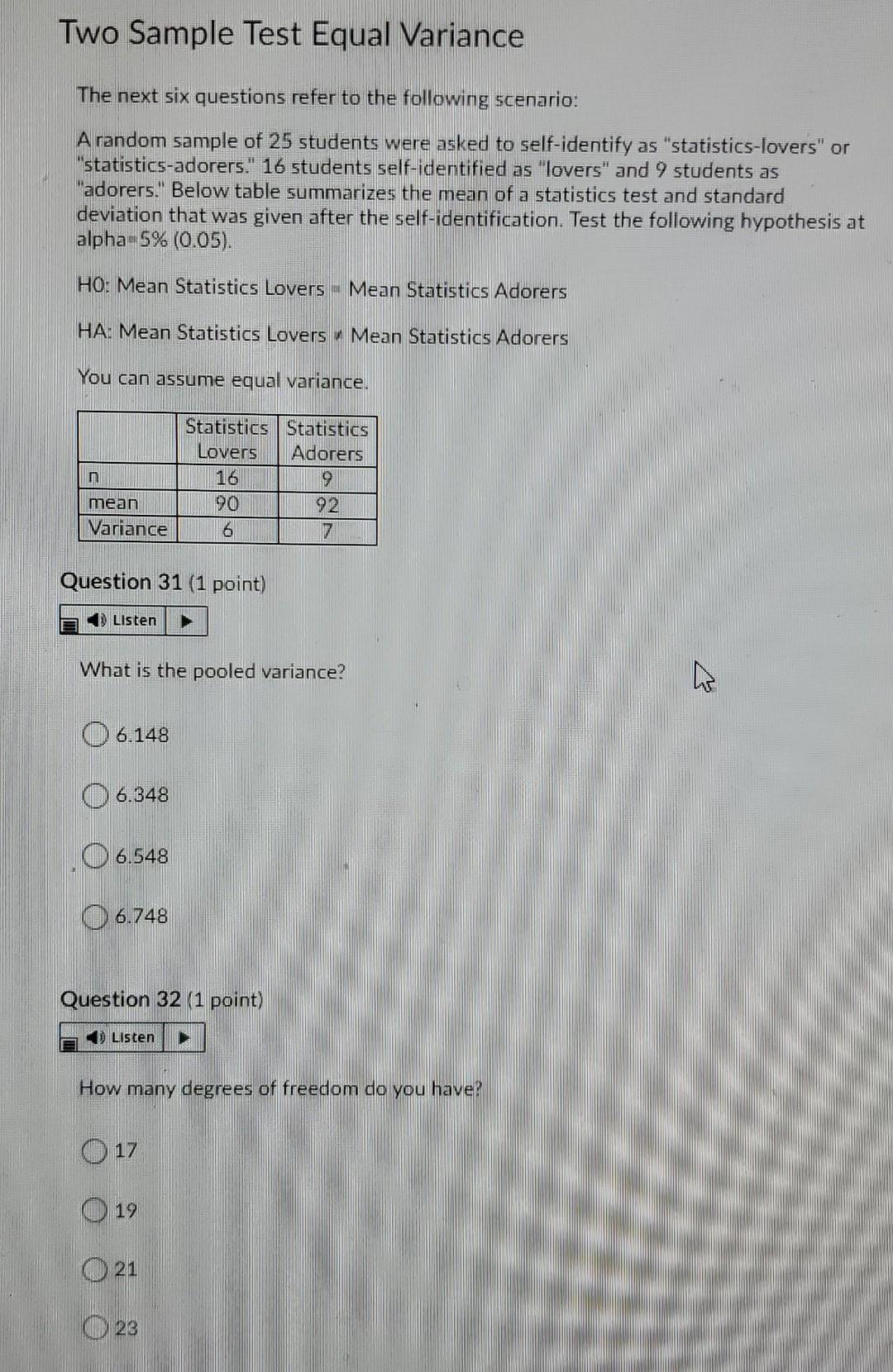 Solved Two Sample Test Equal Variance The next six questions | Chegg.com