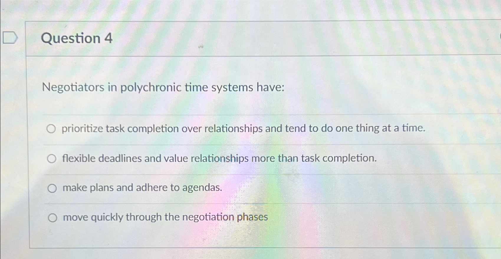 Solved Question 4Negotiators in polychronic time systems | Chegg.com