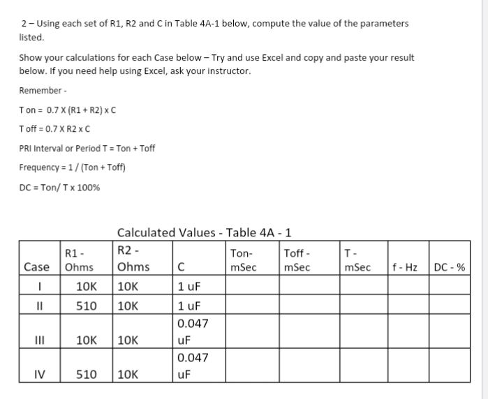 Solved 2- Using each set of R1, R2 and C in Table 4A-1 | Chegg.com