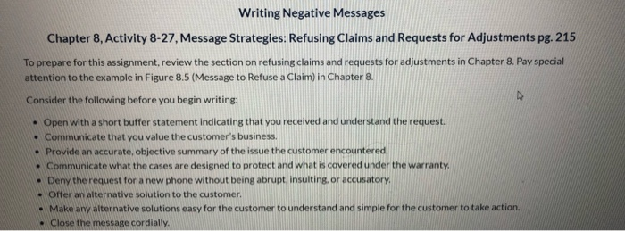 Solved Writing Negative Messages Chapter 8, Activity 8-27, | Chegg.com