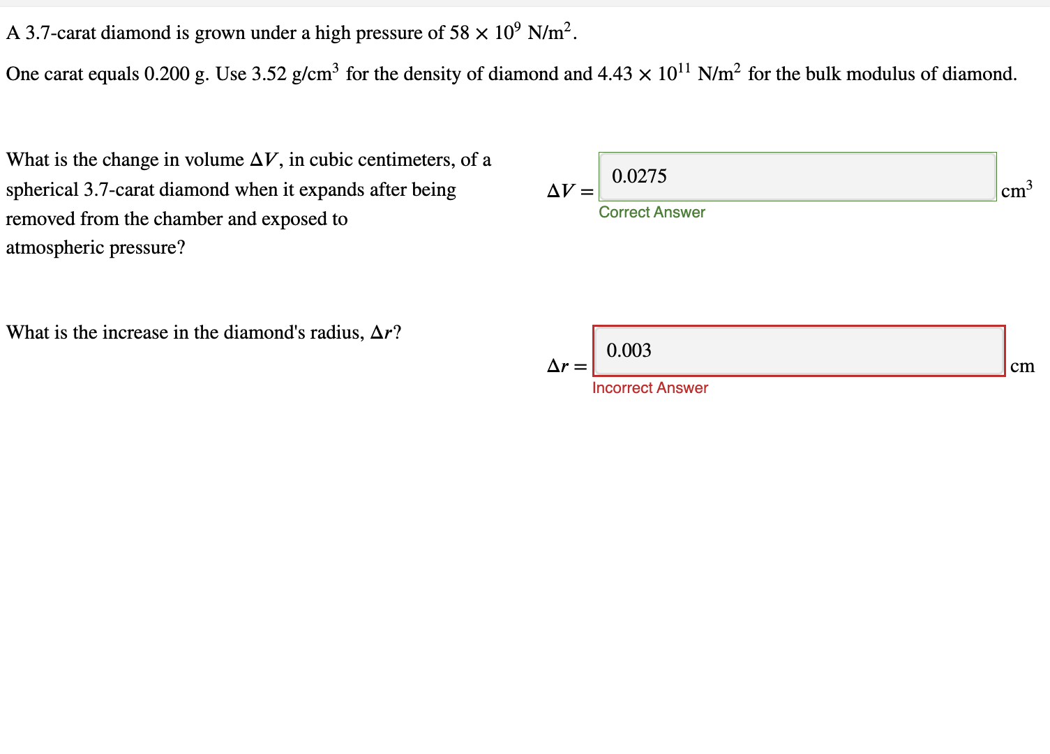 Solved A 3.7-carat diamond is ﻿grown under a high pressure | Chegg.com