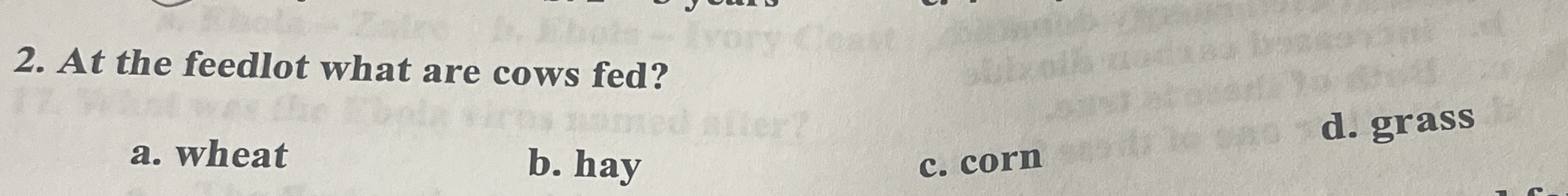 Solved At the feedlot what are cows fed?a. ﻿wheatb. ﻿hayd. | Chegg.com