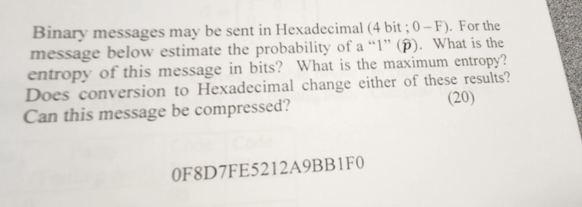 Solved Binary messages may be sent in Hexadecimal (4 bit ; | Chegg.com