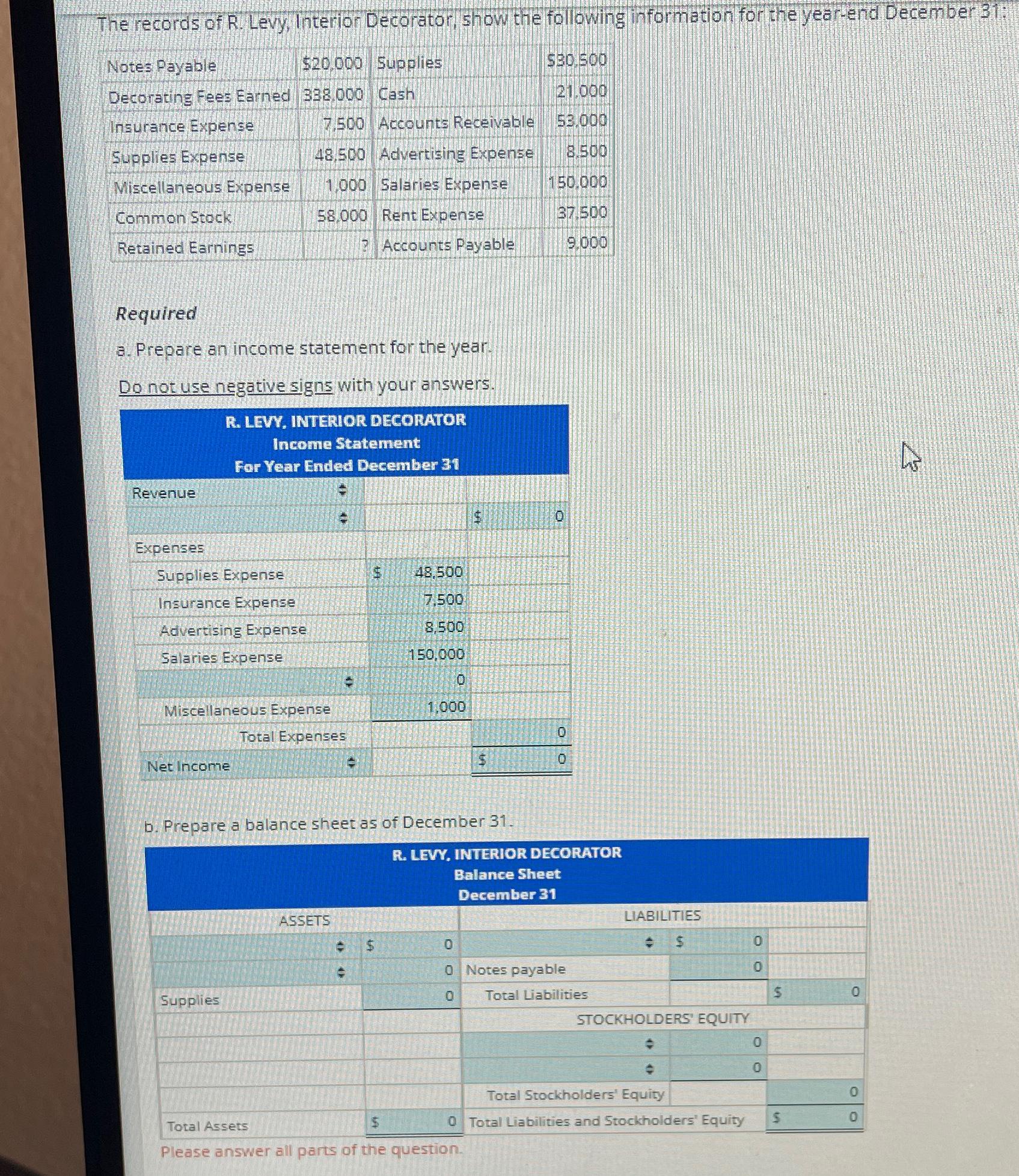 Solved The records of R. ﻿Levy, Interior Decorator, show the | Chegg.com