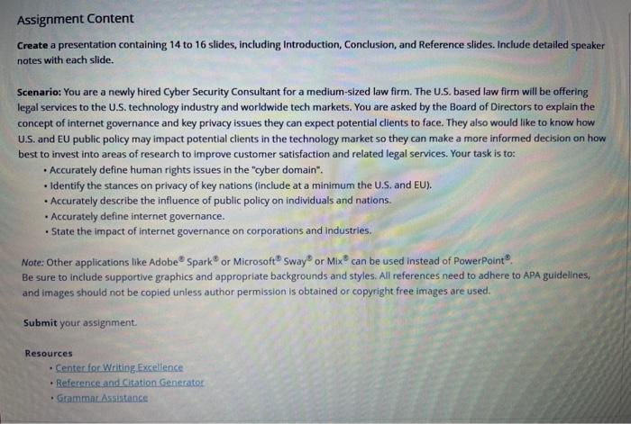 Assignment Content Create a presentation containing | Chegg.com