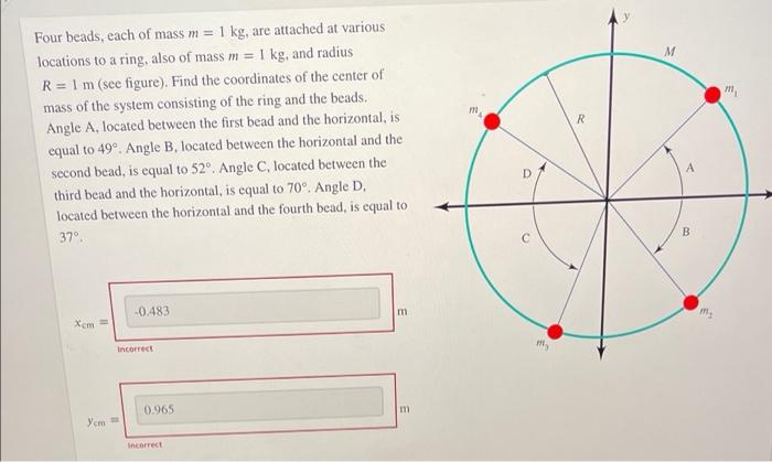 Solved Four beads, each of mass m= 1 kg, are attached at | Chegg.com