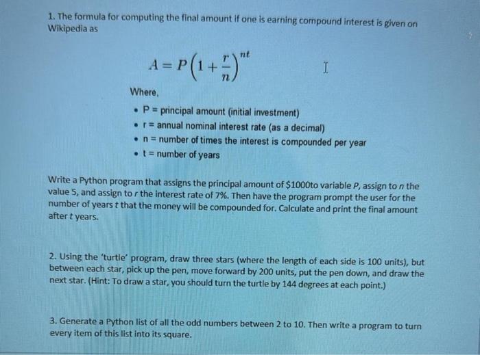 Solved 1. The formula for computing the final amount if one | Chegg.com