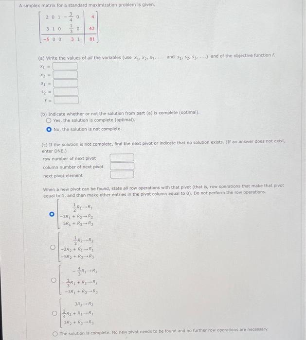 Solved A simplex matrix for a standard maximization problem | Chegg.com